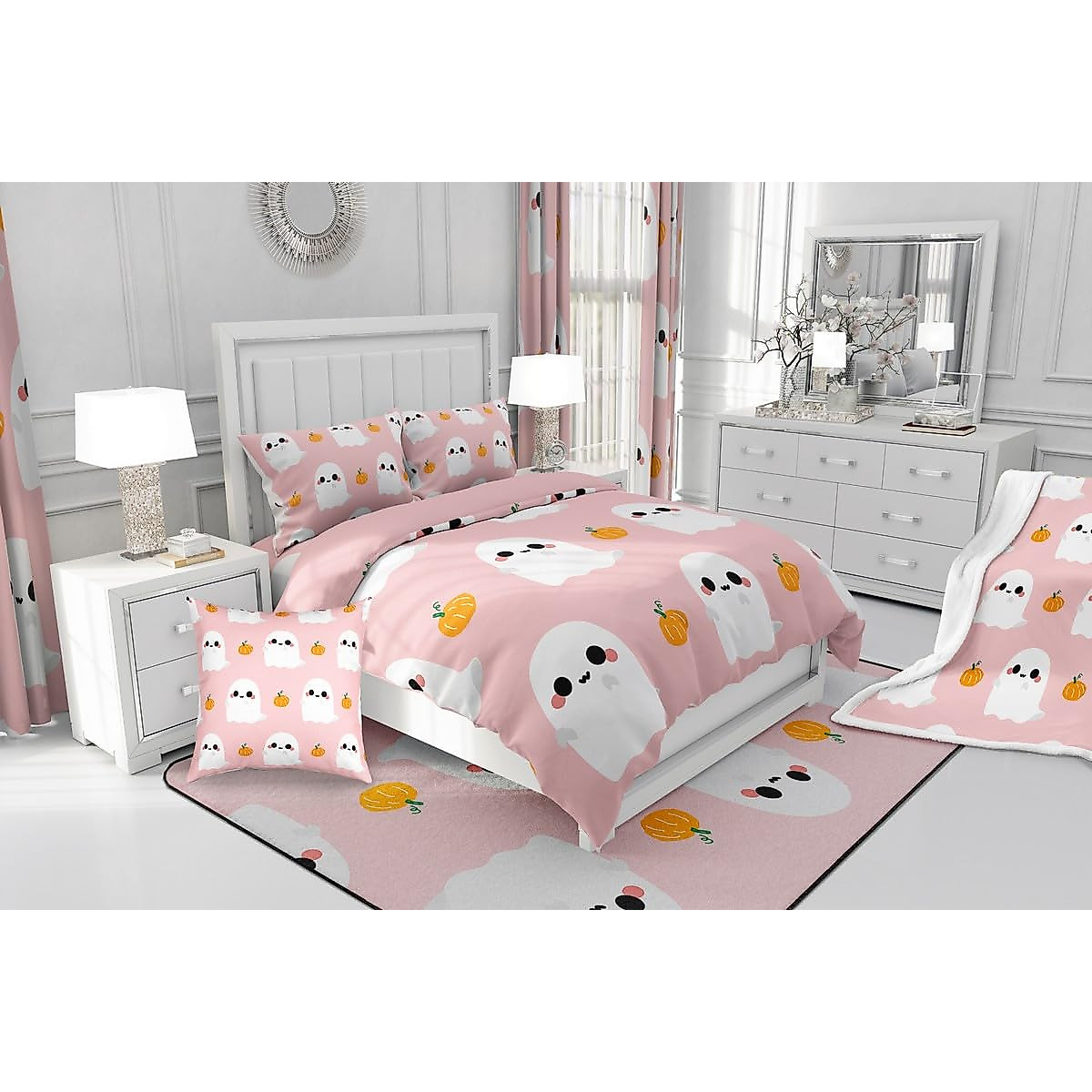 Erosebridal Halloween Bedding Set Cartoon Ghost Comforter Cover Halloween Pumpkin Decorations,Gothic Pumpkin Lights Duvet Cover Twin,Kawaii Shadows Pink Room Decor Halloween Decorations Indoor