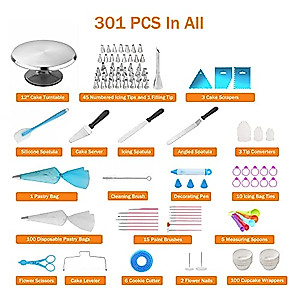 301Pcs Cake Decorating Kit Baking Tools - Aluminium Revolving Cake Turntable, Reusable Piping Bags and Tips set, Icing Spatula Baking Accessories for Cake Cupcake Cookie Decorating