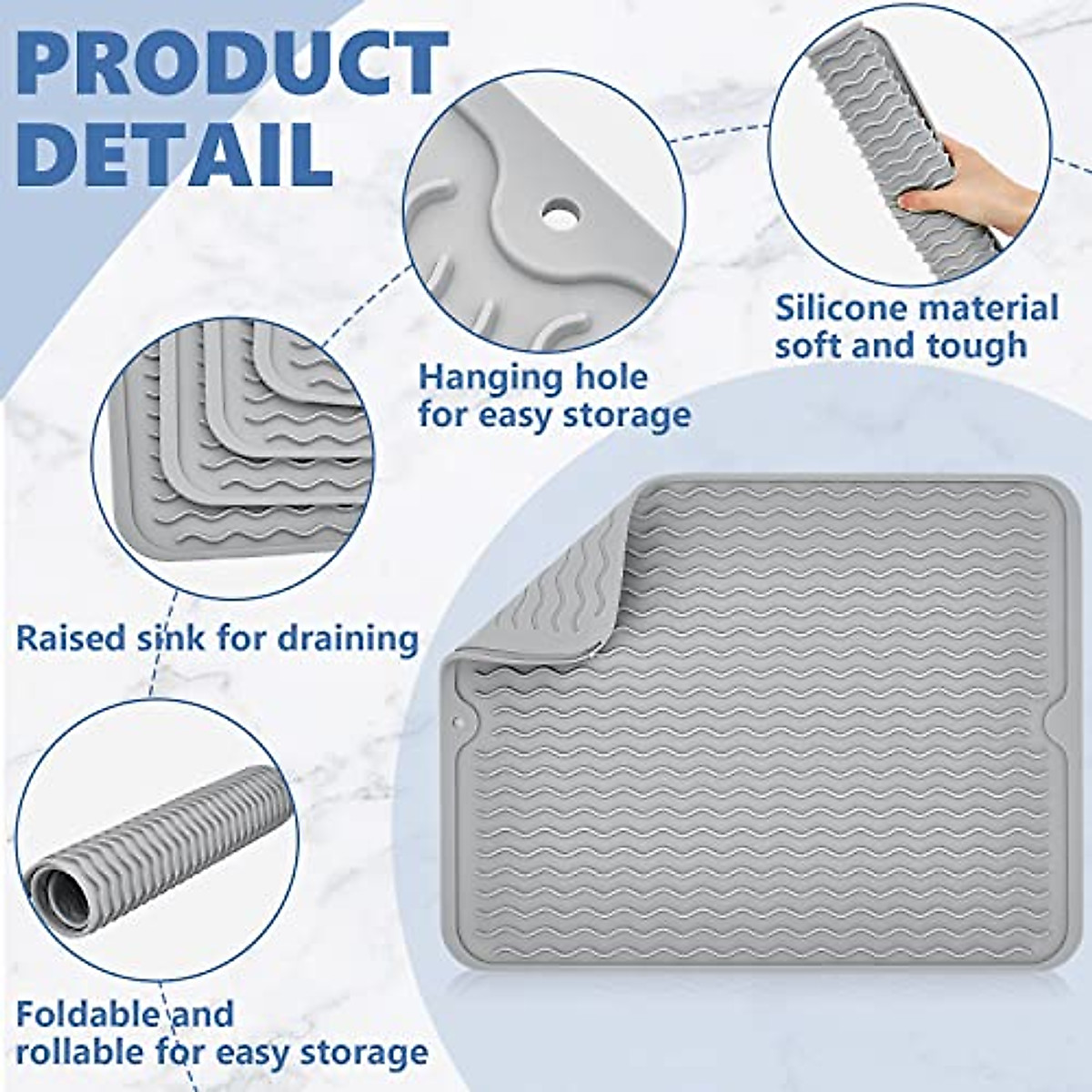 Tanlade 4 Pack Silicone Dish Drying Mat for Kitchen Counter Waterproof Heat Resistant Silicone Mat for Sink, Refrigerator Drawer Liner Dishwashing Multiple Usage, 16 x 12 Inches, Gray
