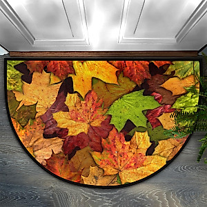 Pardick Fall Autumn Half Round Door Mat Leaves Maple Semi Circle Area Rug Washable Durable Decor Half Moon Rugs Absorbent Floor Mats for Outdoor Indoor Kitchen Bathroom Laundry Fireplace Rug