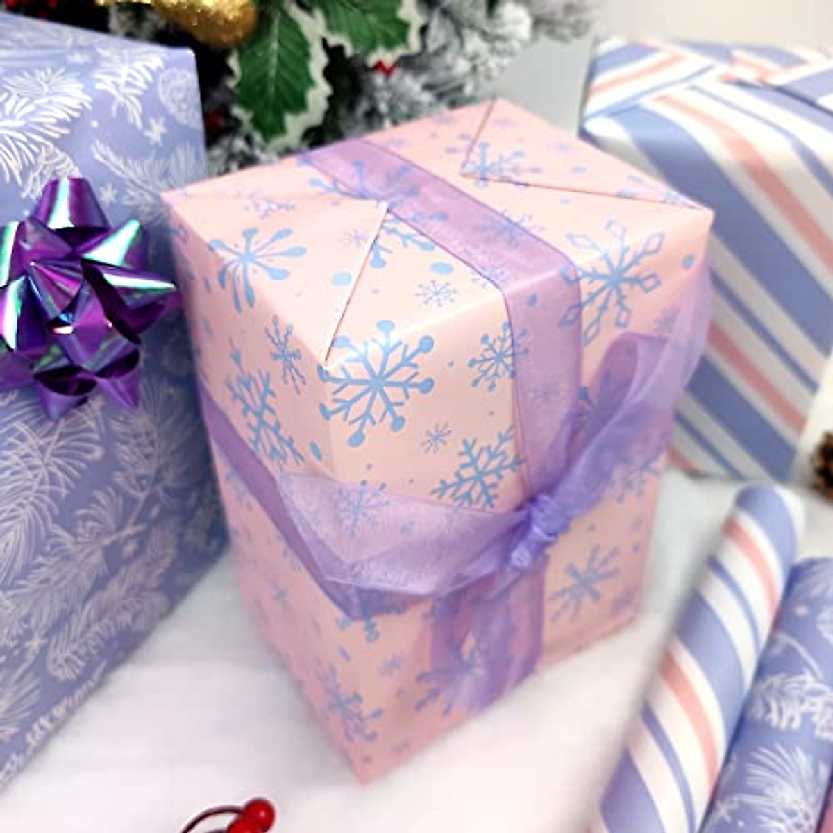 LDGOOAEL Mini Short Small Christmas Wrapping Paper Roll with Cut Lines on Reverse (17" X 120" Per Roll) - Pink Snowflakes & Purple Pine for Holiday, Birthday, Wedding, Baby Shower