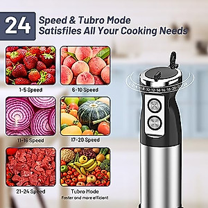 Immersion Blender 800W, 5 in 1 Hand Blender, 24 Speed and Turbo Mode Immersion Blender Handheld, Stick Blender Stainless Steel Blade with Mixing Beaker, Chopper, Whisk and Milk Frother