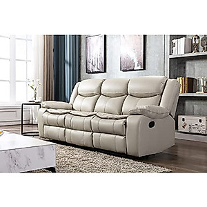 Familymill Breathable Leather Manual Reclining 3-Seat Sofa, Cream