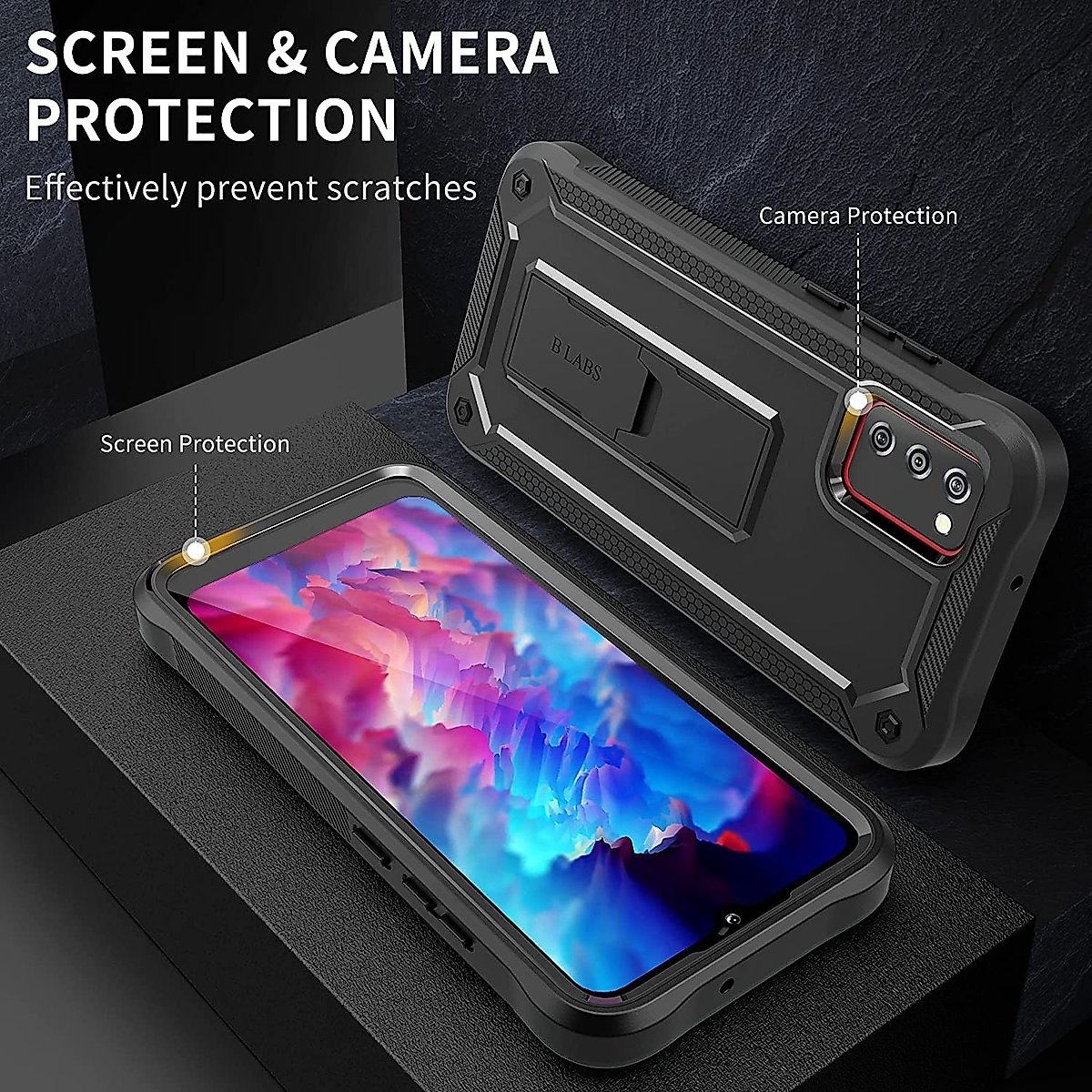 B LABS Compatible with Samsung Galaxy A02s Phone Case - Ultimate Drop Protection with Built-in Screen Protector and Kickstand (Black)