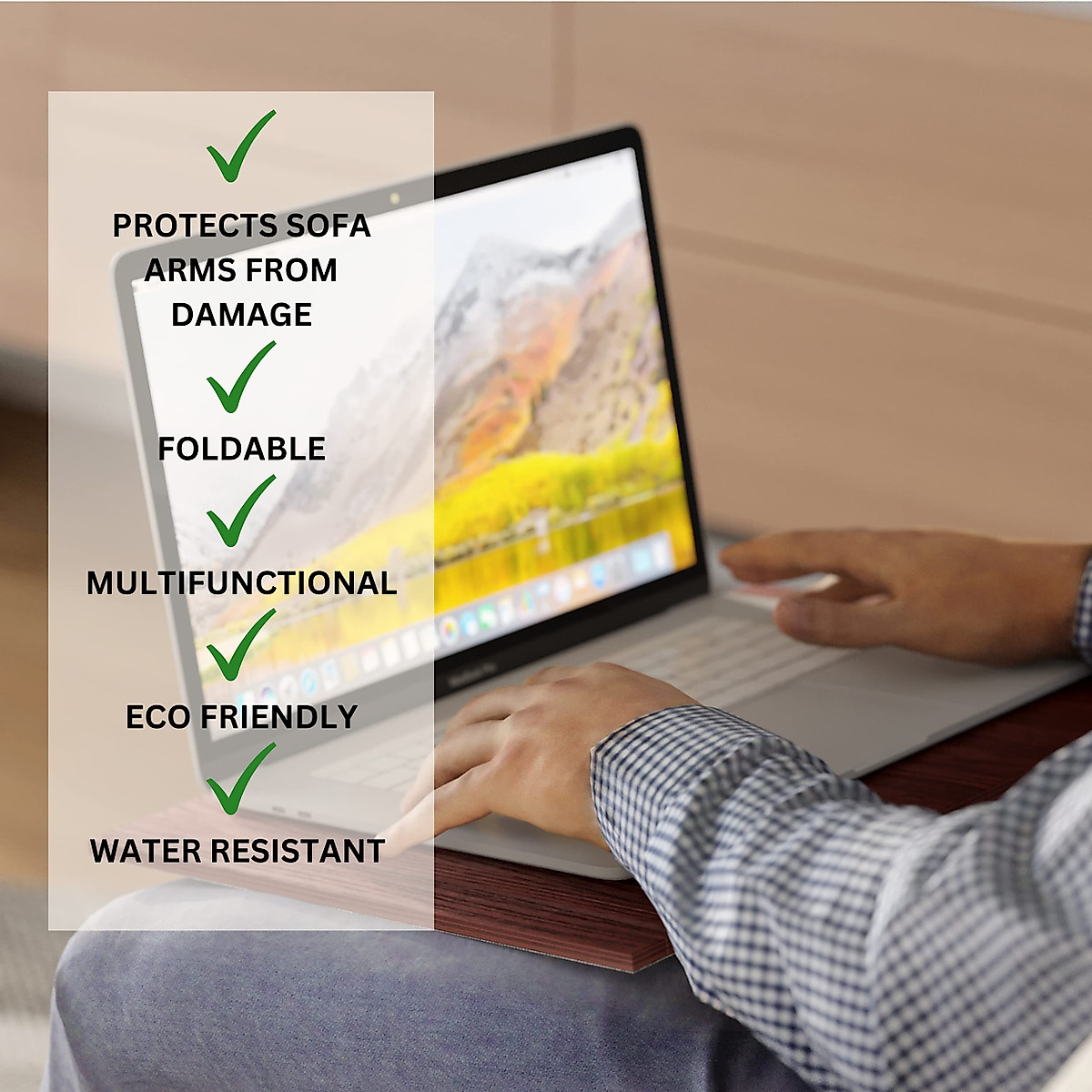 Sofa arm Tray Table Couch Bedside Wood Coaster Coffee Cup Foldable armrest Caddy end Protector Folding Living Room Furniture mat tv Chair Tables Trays with Phone Holder (Color 4.Blue-Grey)