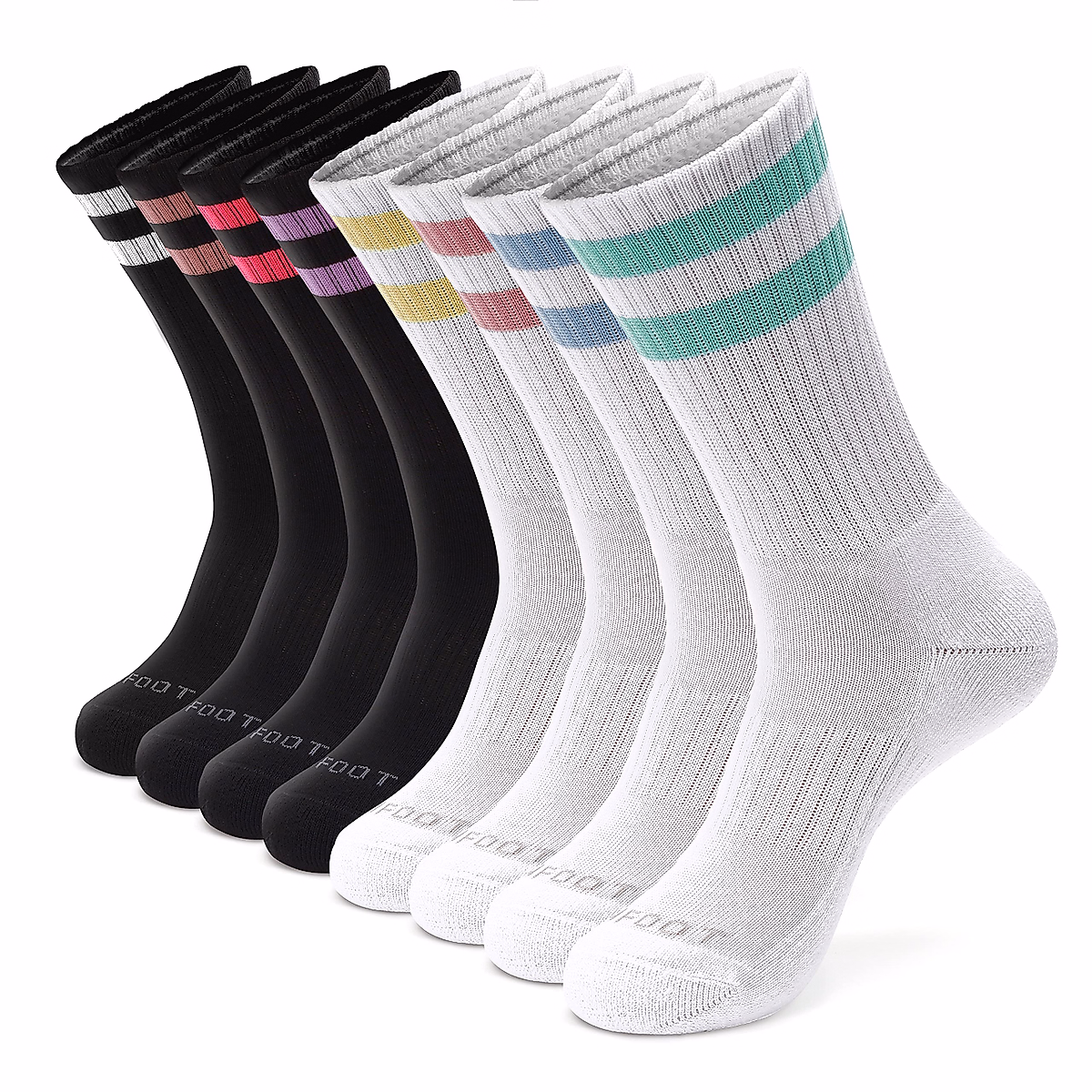 MONFOOT Men's/Women's 8 Pairs Athletic Cushion Crew Socks, Striped Small Multipack