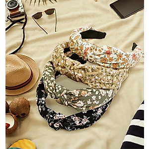 Huachi Headbands for Women and Girls, 4 Packs Fashion Flower Printed Knotted Head Bands for Women’ s Hair, Non Slip Boho Wide Thick Top Knot Hairbands, Womens Trendy Hair Accessories