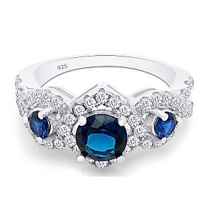 SAVEARTH DIAMONDS Infinity Style, Center 5MM Round Cut Simulated Blue Sapphire And Cubic Zirconia Three Stone Cluster Engagement Ring In 14k White Gold Over Sterling Silver For Women Size-10