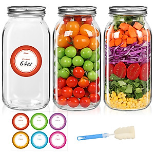 Mcupper 3 Pack Wide Mouth Mason Jars 64 oz, Half Gallon Mason Jars, Large Canning Jars with Lids and Bands for Canning & Storing, Labels & Brusher Included