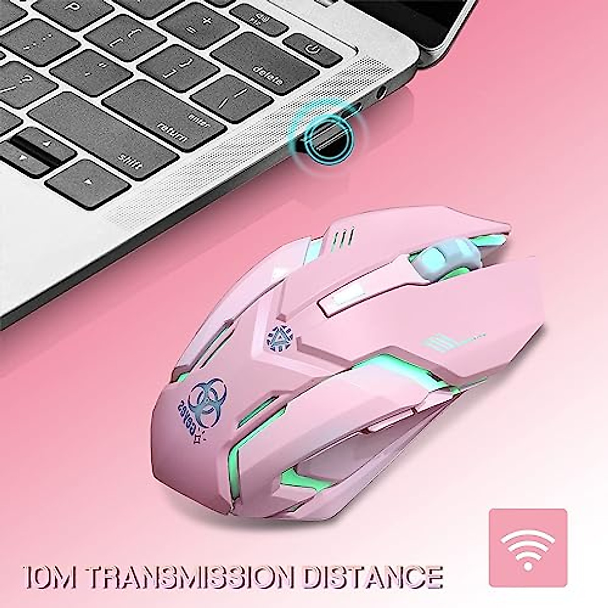VEGCOO Pink Wireless Gaming Mouse, Silent Click Wireless Mouse with Colorful RGB LED Lights, Rechargeable Computer Mice with Side Buttons and 3 Level DPI, for Laptop and Desktop