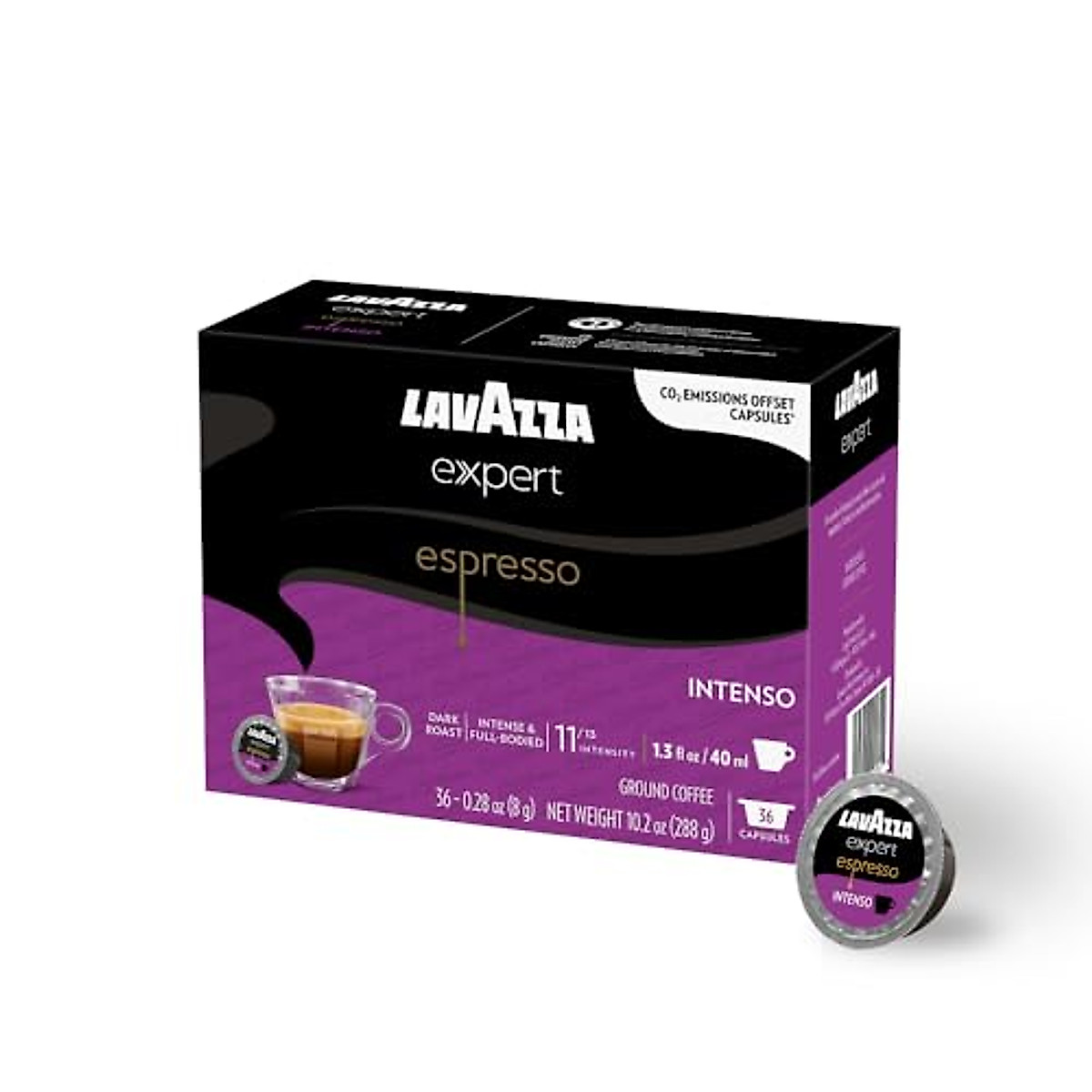 Lavazza Expert Espresso Intenso Coffee Capsules, Intense, Dark Roast, Arabica and Robusta, notes of dried fruit, Intensity 11 out 13, Espresso Preparation, Blended and Roasted in Italy, (36 Capsules)