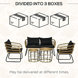 Outsunny 5 Piece PE Rattan Outdoor Furniture Set with Cushioned Chairs & Loveseat Sofa, Patio Sectional Furniture Set, Conversation Sofa Set with Stackable Coffee Tables, Black