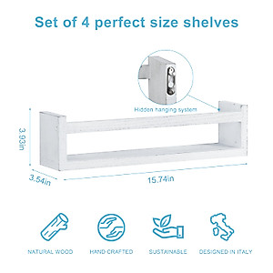 NANANARDOSO Nursery Room Shelves Wall Mounted, Set of 4 Natural Wood Floating Book Shelves for Kids Bedroom, Baby Nursery Décor, Kid Bookshelf Organizer for Bathroom Decor, Floating Bookshelf, White
