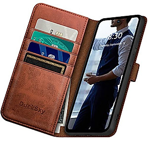 DuckSky for Google Pixel 6 Genuine Leather Wallet case 【RFID Blocking】【4 Credit Card Holder】【Real Leather】 Flip Folio Book Phone case Protective Cover Women Men for Pixel6 case Light Brown