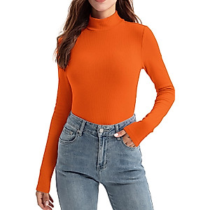 Zengjo Long Sleeve Mock Neck Tops for Women (Orange,L)
