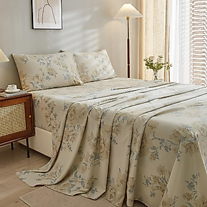 VClife Modern Floral Sheets Full Size Bedding Sets Khaki Taupe Beige Blueish Gray Floral Printed Sheets with 16" Extra Deep Pocket, 4 pcs Washed Microfiber Sheet Sets, Fade Resistant