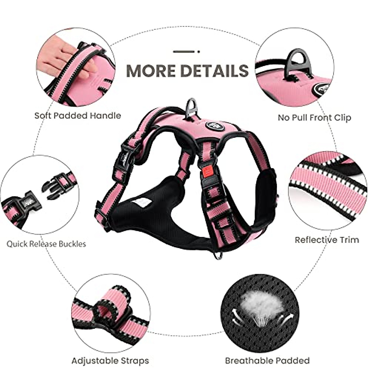 FURRYFECTION No Pull Vest Harness, Reflective with Leash No Choke Soft Padded, Adjustable Front Lead Dog Harnesses with Seat Belt for Small Medium Large Dogs, Pink, L