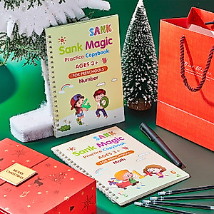 2 Pieces Magic Practice Copybook Magic Writing Paste Practical Reusable Writing Tool Workbook with Pens Set for Kid Calligraphic Christmas Gifts (Number and Math)