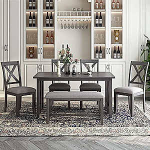 XD Designs 6-Piece Dining Room Table Set, Rustic Farmhouse Dining Room Foldable Table with 4 Upholstered Chairs & Bench, Solid Wood Kitchen Dining Room Set for 4-6 Persons (Gray 60in)