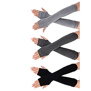 Bememo 3 Pairs Fingerless Gloves for Winter Knit Long Thumb Hole Arm Warmers Goth Elbow Length Women Fingerless Gloves (Black, Deep Grey, Light Grey)