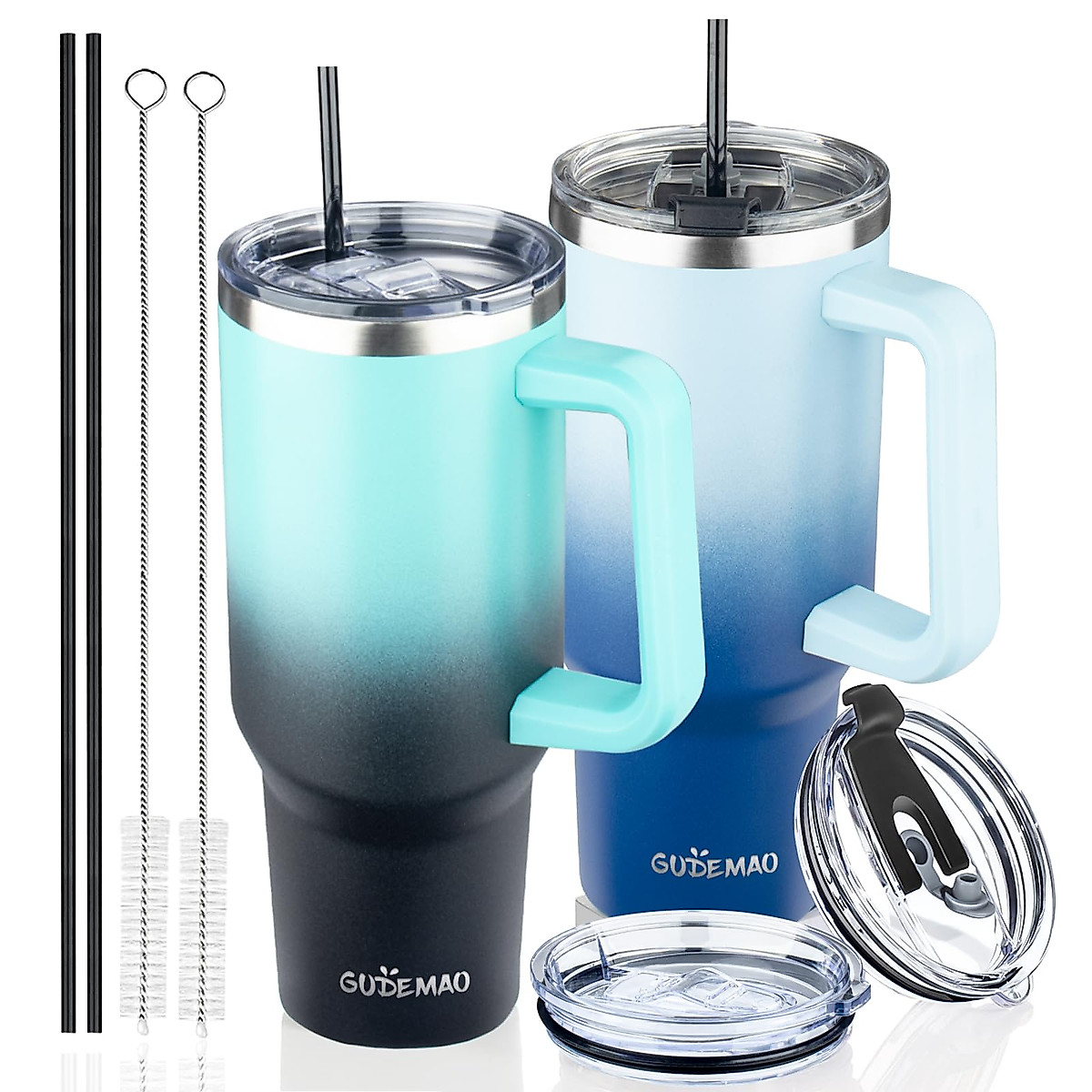 GUDEMAO 40 oz Tumbler with Handle, Insulated Tumbler with Lid and Straw, Reusable Stainless Steel Vacuum Insulated Cup, Leak Proof Thermal Travel Coffee Mug Cup for Cold and Hot (Dark Color,2Pack)