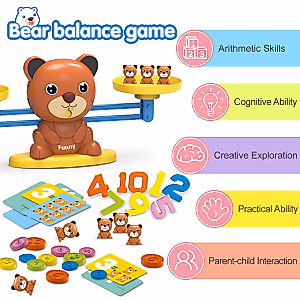 REMOKING Bear Balance Game Toy, Funny Math Number Game, Educational Learning Counting Number Toy with Numbers, Little Bears, Game Cards, Coins, Great Gifts for Kids 3 Years and up