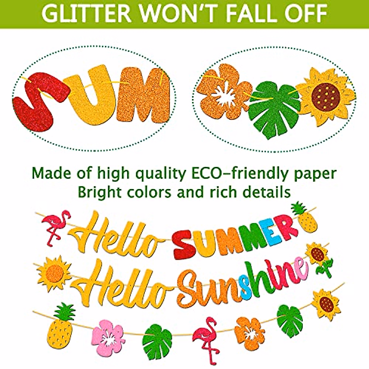 Hello Summer Hello Sunshine Banner for Summer Hawaiian Tropical Flamingo Pineapple Sunflower Beach Theme Holiday Happy Birthday Wedding Bachelorette Engagement Bridal Shower Party Supplies Glitter Decorations