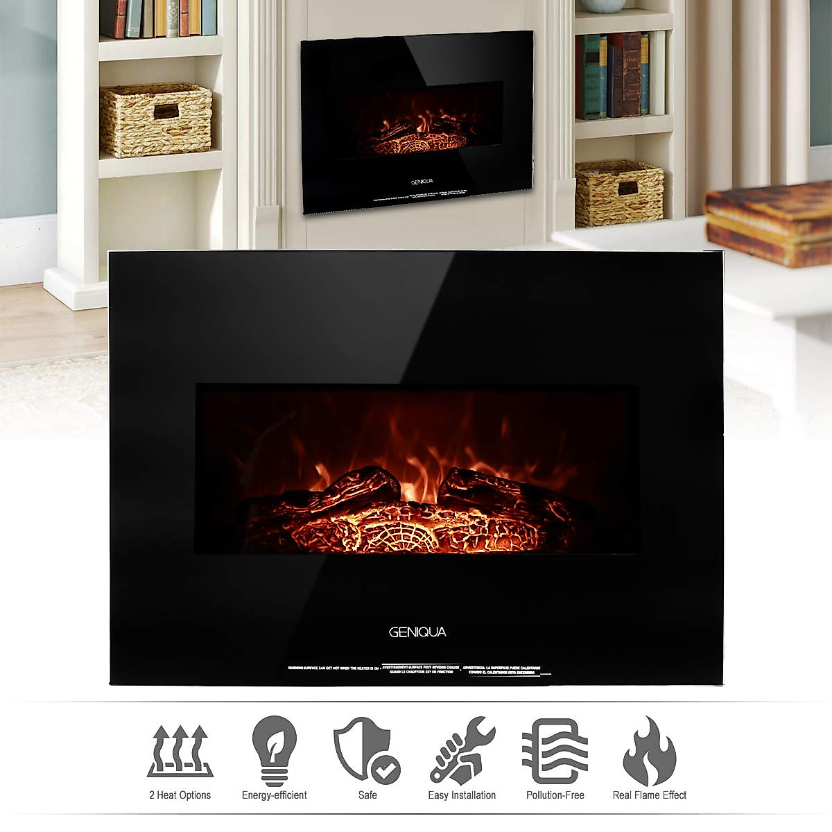 Geniqua 26" Wall Mounted Electric Fireplace Heater Adjustable 700w/1400w Log LED Flame Indoor Home Living Room Office Furniture