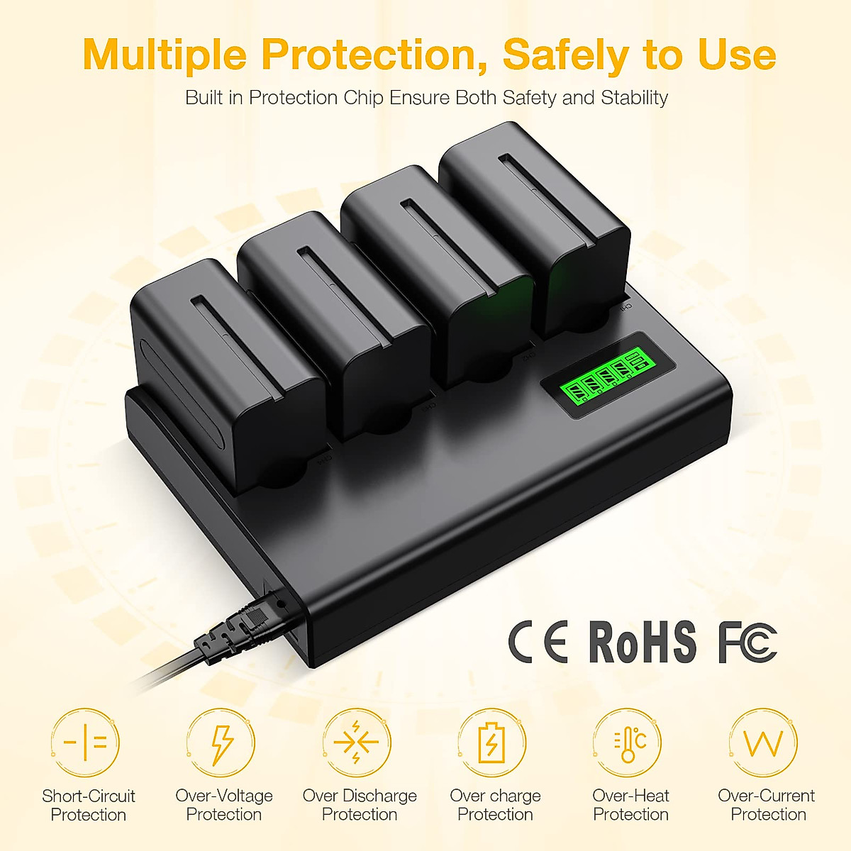4 Pack NP-F970 Batteries and 4-Channel Charger for Sony NP-F970 NP-F950 NP-F960 NP-F550 NP-F330 NP-F570 Battery and Sony CCD-SC55, TR516, TR716, TR818, TR910, TR917 Sony handycams