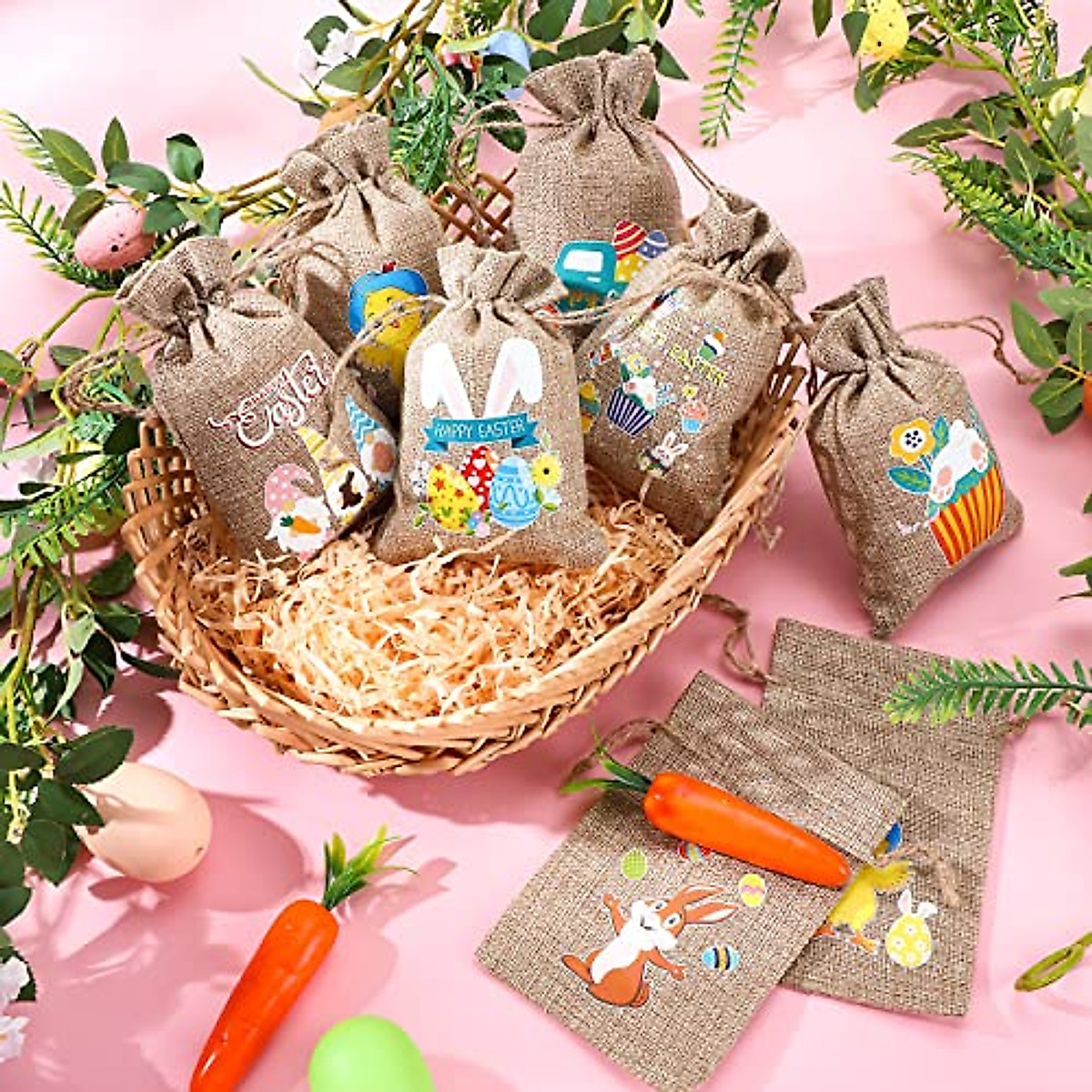 50 Pcs Easter Burlap Bags with Drawstring Bunny Burlap Gift Bag Burlap Bunny Bag Gift Wrap Bags Goody Bags for Kids Easter Party Favor Supply DIY Craft
