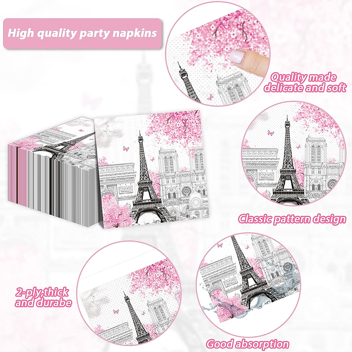 98 Pcs Paris Eiffel Tower Tableware Set Paris Eiffel Tower Party Plates Napkins Paris Table Cover Eiffel Tower Dinnerware for Kid Boy Girl Birthday Weddings Party Decorations Favors for 24 Guest