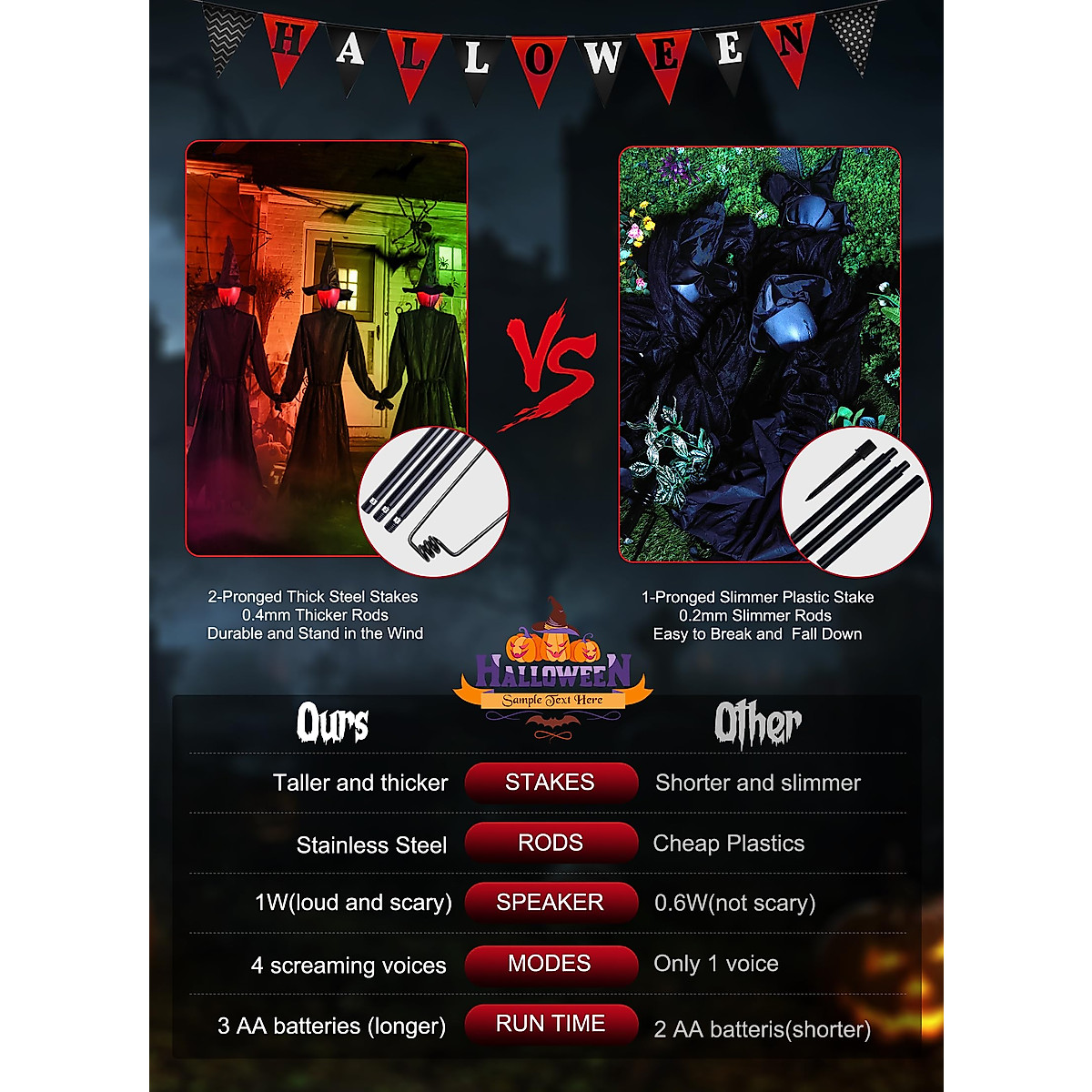 Halloween Decorations Outdoor 3PCS Light Up Witches Holding Hands Witches with Stakes, Scary Screaming Witches with Glowing Face, Creepy Halloween Party Props Decor for Yard Garden Outside Lawn Porch