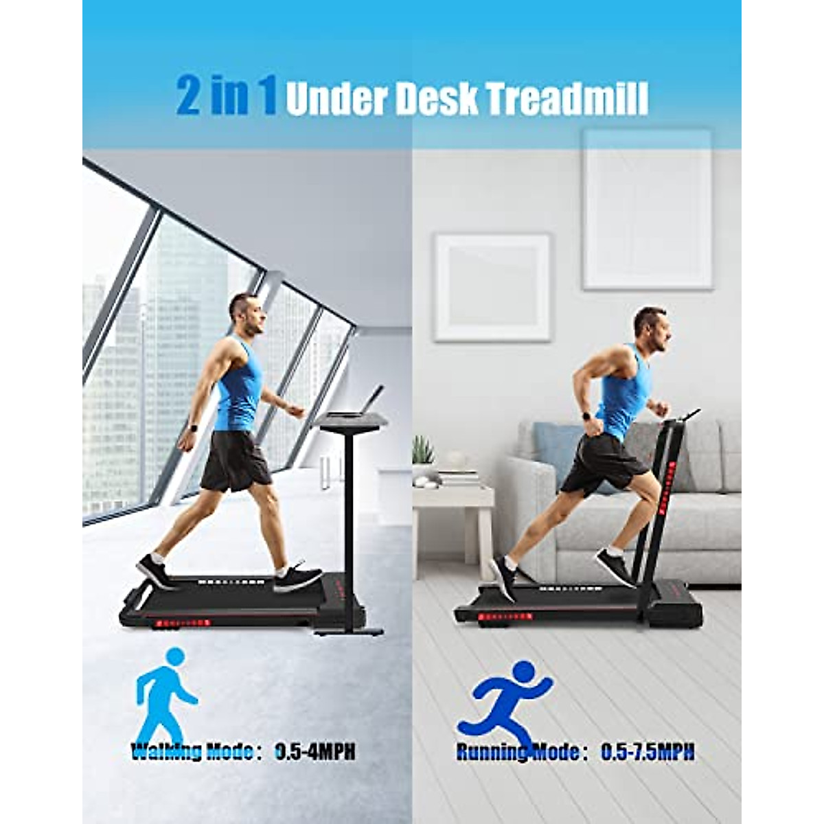 Walking Pad Treadmill Under Desk, 2 in 1 Folidable Treadmills Walking Machine, Portable Electric Treadmill, Desk Treadmill Compact Electric Running Jogging for Home Office with Remote Control, Black