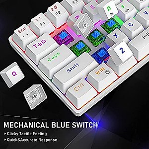 60% True Mechanical Gaming Keyboard Mouse Set, Type C Wired 61 Keys Layout Rainbow LED Backlit USB Waterproof Keyboard Anti-ghosting Keys+Lightweight RGB Mice 6400DPI for Computer/PC/Laptop/MAC(White)