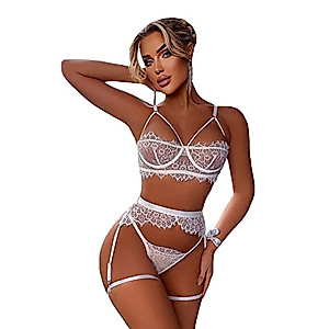 WDIRARA Women's Sexy Floral Lace Cut Out Underwire Garter Belt Bra and Panty Lingerie Set with Leg Rings White L
