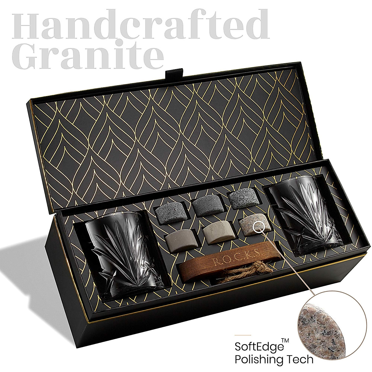 Whiskey Chilling Stones Gift Set - 6 Handcrafted Premium Granite Round Sipping Rocks - 2 Heavy Bourbon Glasses - Hardwood Presentation & Storage Tray - Elegant Gold Foil Gift Box by R.O.C.K.S.