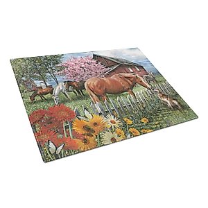 Caroline's Treasures PTW2020LCB Horses Chatting with The Neighbors Glass Cutting Board Large Decorative Tempered Glass Kitchen Cutting and Serving Board Large Size Chopping Board