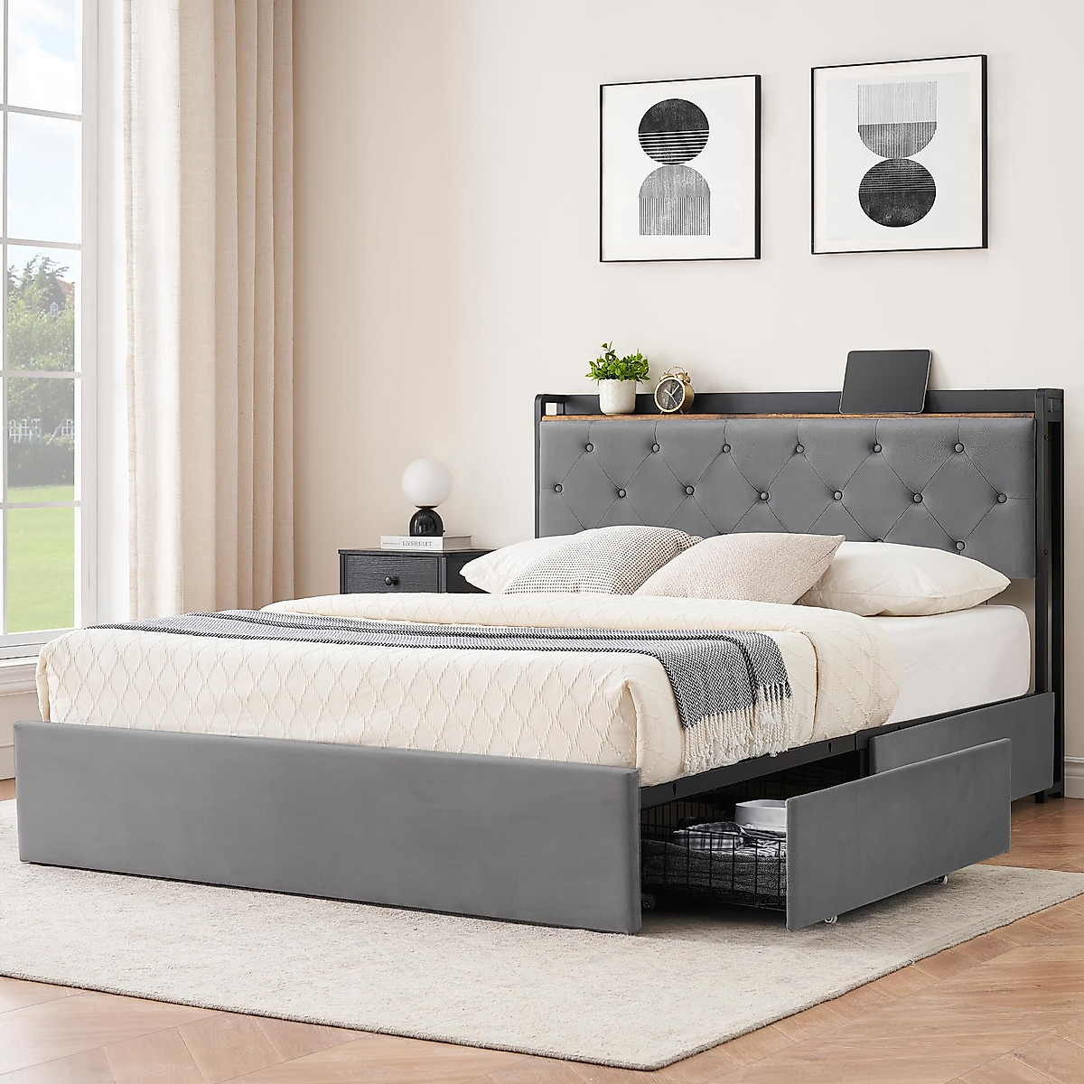 GAOMON Queen Size Bed Frame with 4 Storage Drawers and Charging Station, Upholstered Velet Platform Bed Frame with Storage Headboard and Sturdy Wooden Slats Support, No Box Spring Needed (Queen)