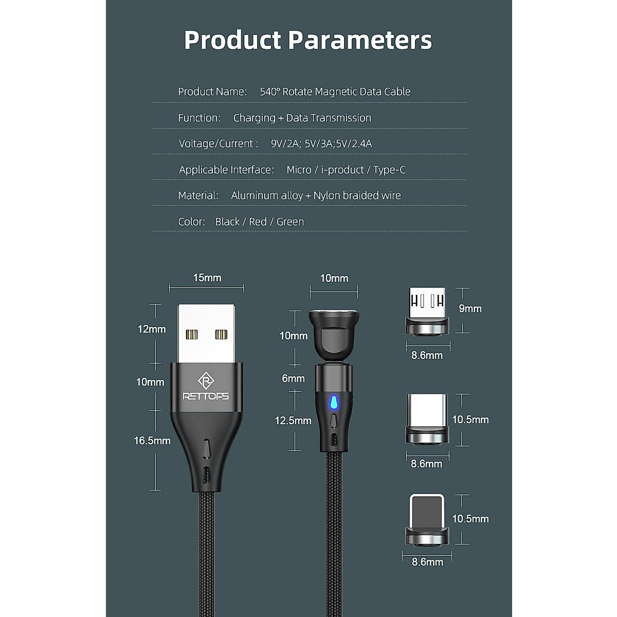 RETTOPS 540°, 7 pin Rotation USB Magnetic Charging Cable, 3 in 1 Charger [4-Pack, 3ft/3ft/6ft/6ft] 3A Fast Charging Cable Support Data Transfer Magnetic Charger Cable for iPhone/Micro USB/Type C