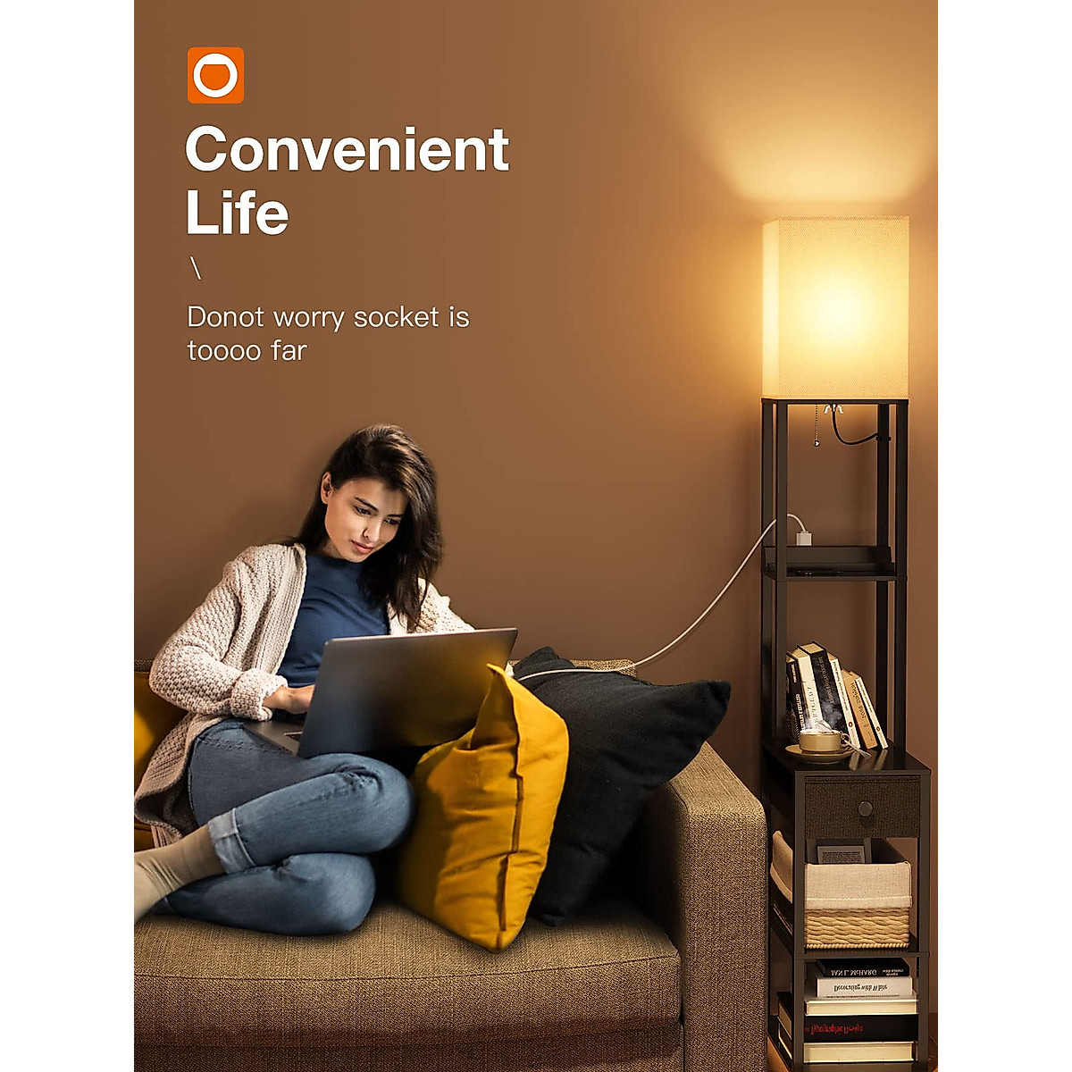 addlon Floor lamp with 2 USB, 1 Outlet and Drawer, 3 Color Temperatures LED Bulb (9W), Sofa lamp with White lampshade, Display Floor lamp with Shelves for Living Room, Bedroom and Office - Black