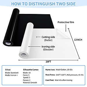 VinylRus Heat Transfer Vinyl-12” x 20ft Black and White Iron on Vinyl Roll for Shirts, HTV Vinyl for Silhouette Cameo, Cricut, Easy to Cut & Weed