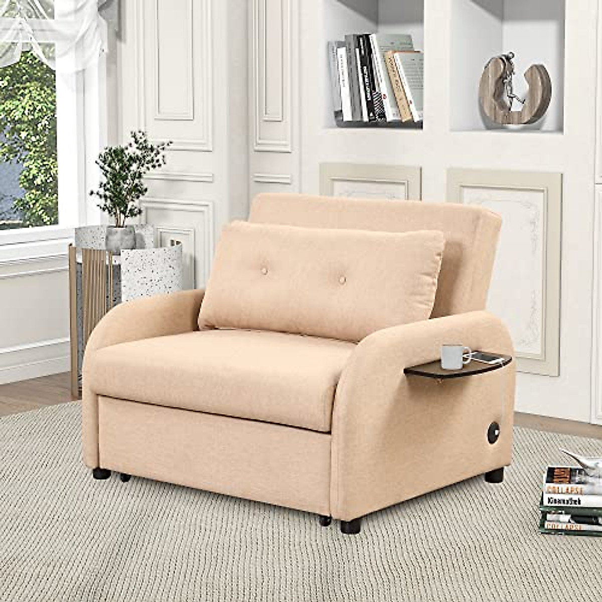 3 in 1 Convertible Loveseat Sofa with Pull-Out Sleeper&Adjsutable Backrest,Multi-Functional Folding Recliner Accent Futon Sofá Chair,Upholstered Lounge Chaise Couch Armchair for Living Room