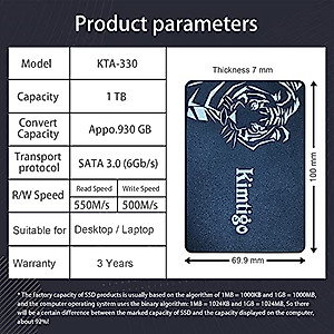 kimtigo 2.5" Internal SSD 1TB, 3D NAND Solid State Drive, SATA III 6Gb/s 2.5 inch 7mm (0.28”), Read up to 550MB/s