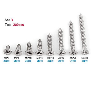 M3 Self Tapping Screws Assortment Set, Stainless Steel Phillips Wood Screws, 200pcs(Flat Head)