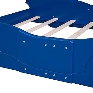 SOFTSEA Full Size Car-Shaped Platform Bed, Solid Wood Platform Bed with Wheels for Kids Boys Girls, No Box Spring Needed, Without Headboard, Blue