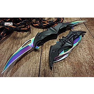 New! Dark Knight Bat Spring Assisted Open Folding Double Blade Dual Twin 3 Colors Pocket Knife Tactical Belt Clip Black Gold Rainbow Knives Great Gift (Rainbow)