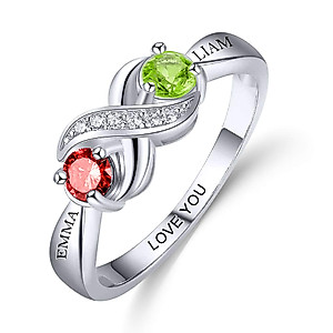 GLAMCARAT Sterling Silver Personalized ring 2 birthstones customized engraved jewelry for women infinity promise ring for her name ring (sterling-silver, 6)