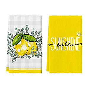 Artoid Mode Eucalyptus Leaves Lemons Summer Kitchen Towels Dish Towels, 18x26 Inch Hello Sunshine Holiday Decoration Hand Towels Set of 2