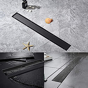 BARONAGE 24-Inch Linear Shower Drain, with 2-in-1 Flat & Tile, Insert Cover Black Brushed 304 Stainless Steel Rectangle Shower Floor Drain Adjustable