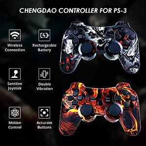 CHENGDAO Controller for PS3 2 Pack Wireless Controller for Playstation 3 Game Remote with Double Shock, Upgrade Joystick Control for PS3 Remote with Rechargeable Battery, 6-Axis & USB Charging Cable